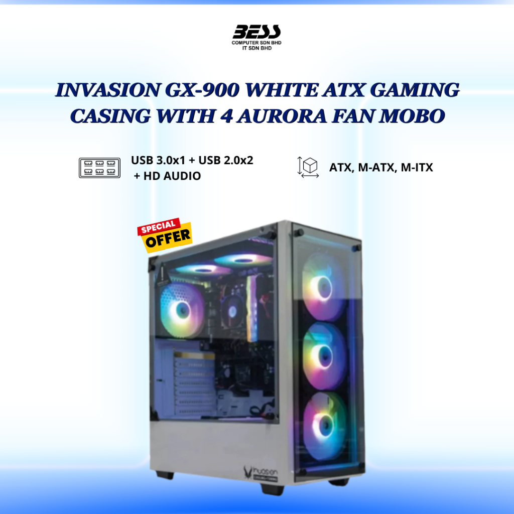 INVASION GX-900 WHITE ATX GAMING CASING WITH 4 AURORA FAN MOBO | Shopee Malaysia