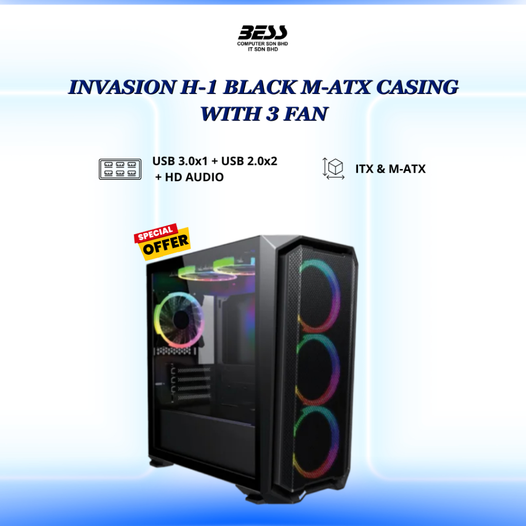 INVASION H-1 BLACK/WHITE M-ATX CASING WITH 12CMx1 + 14CMx2 FANS ...