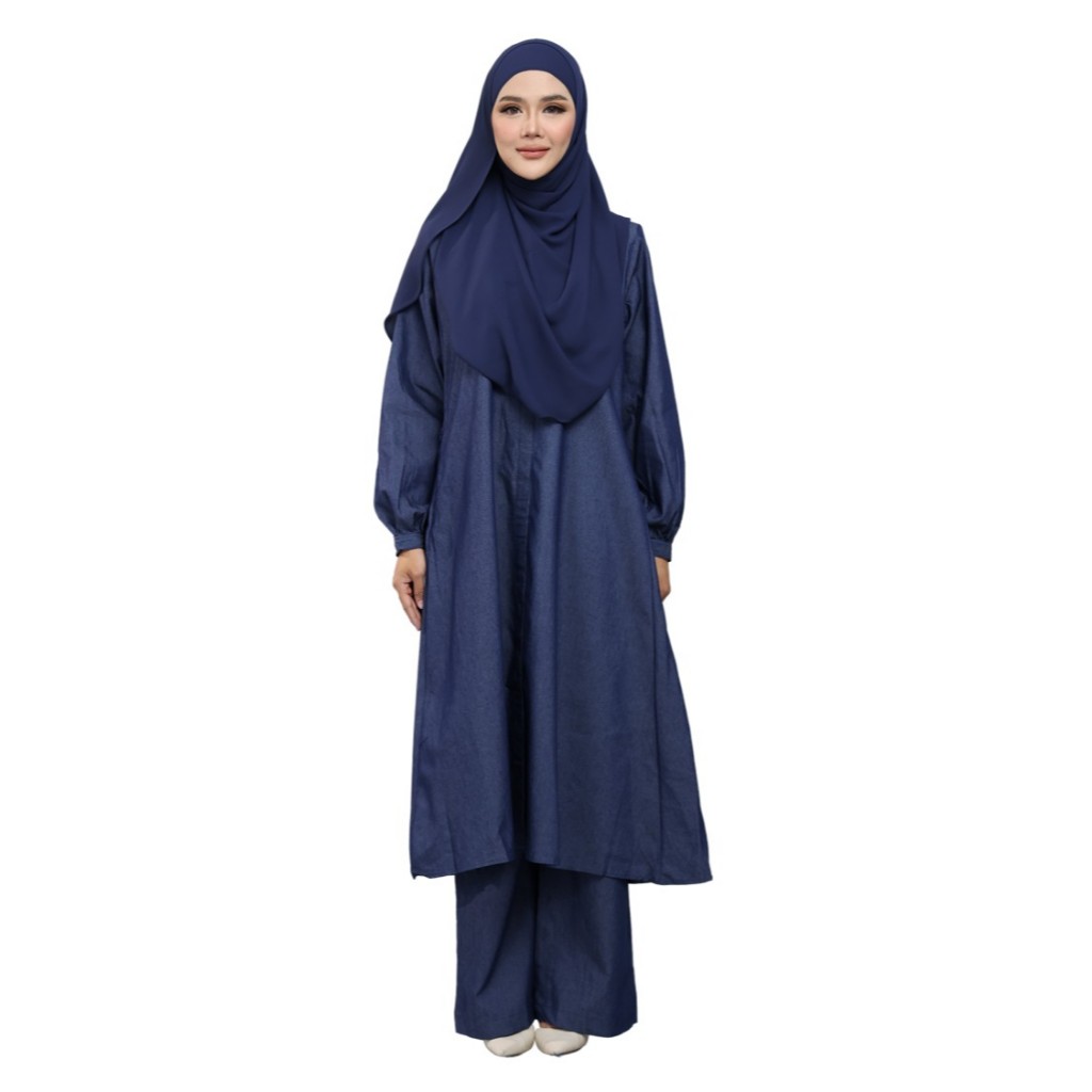 ESTIFA Ayla Suit Denim Umrah Haji Jubah Seluar Muslimah Denim Blue ...