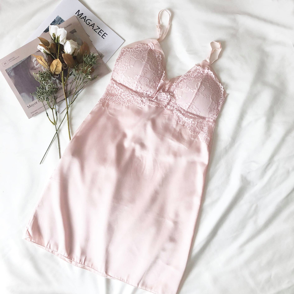 3 Colours Women Silk Lace Pyjamas Dress Sleepwear With Bra Pad, Women ...