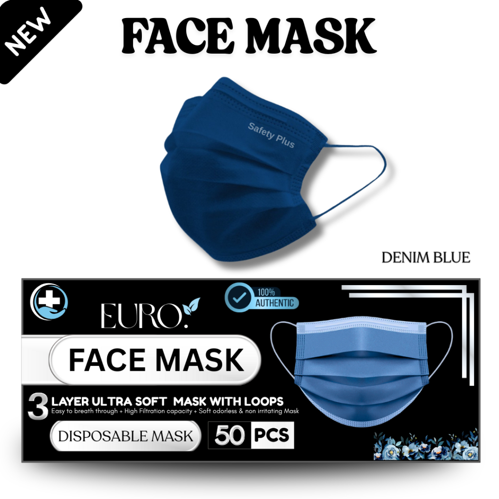 EURO 50pcs Blue Mask 3 Ply Non Medical Mask Anti Bacterial Disposable ...