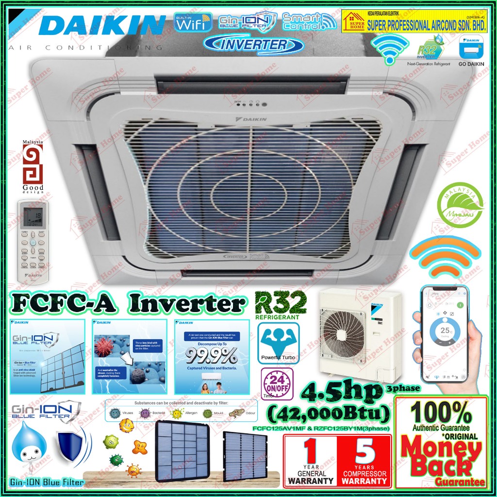 Daikin 4.5hp Inverter Ceiling Cassette Air conditioner FCFC125AV1MF ...