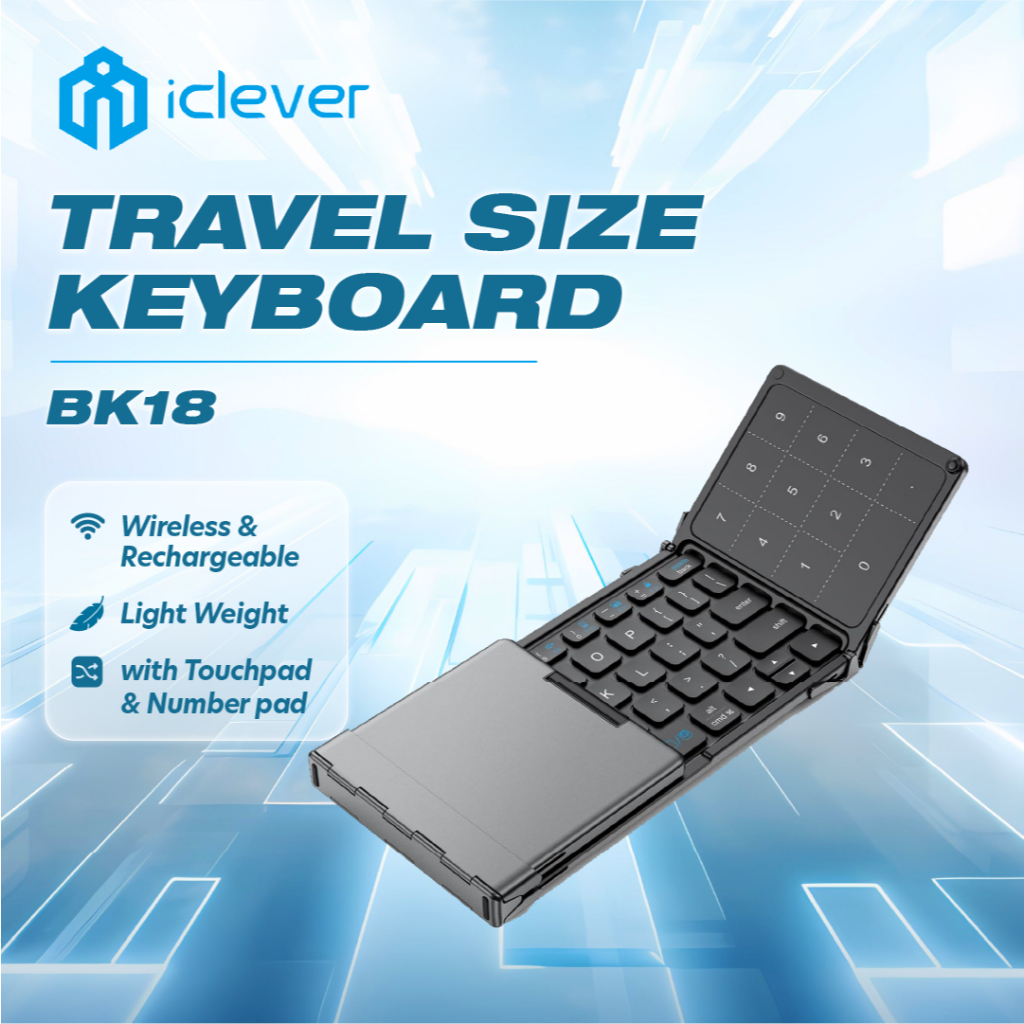 iClever BK18 Foldable Keyboard with Touchpad and Number Pad, Bluetooth Rechargeable Keyboard ...