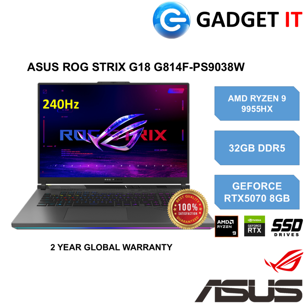 ASUS ROG STRIX G18 G814F-PS9038W GAMING LAPTOP (RYZEN 9 9955HX,32GB,1TB SSD,18" 2.5K,240Hz ...