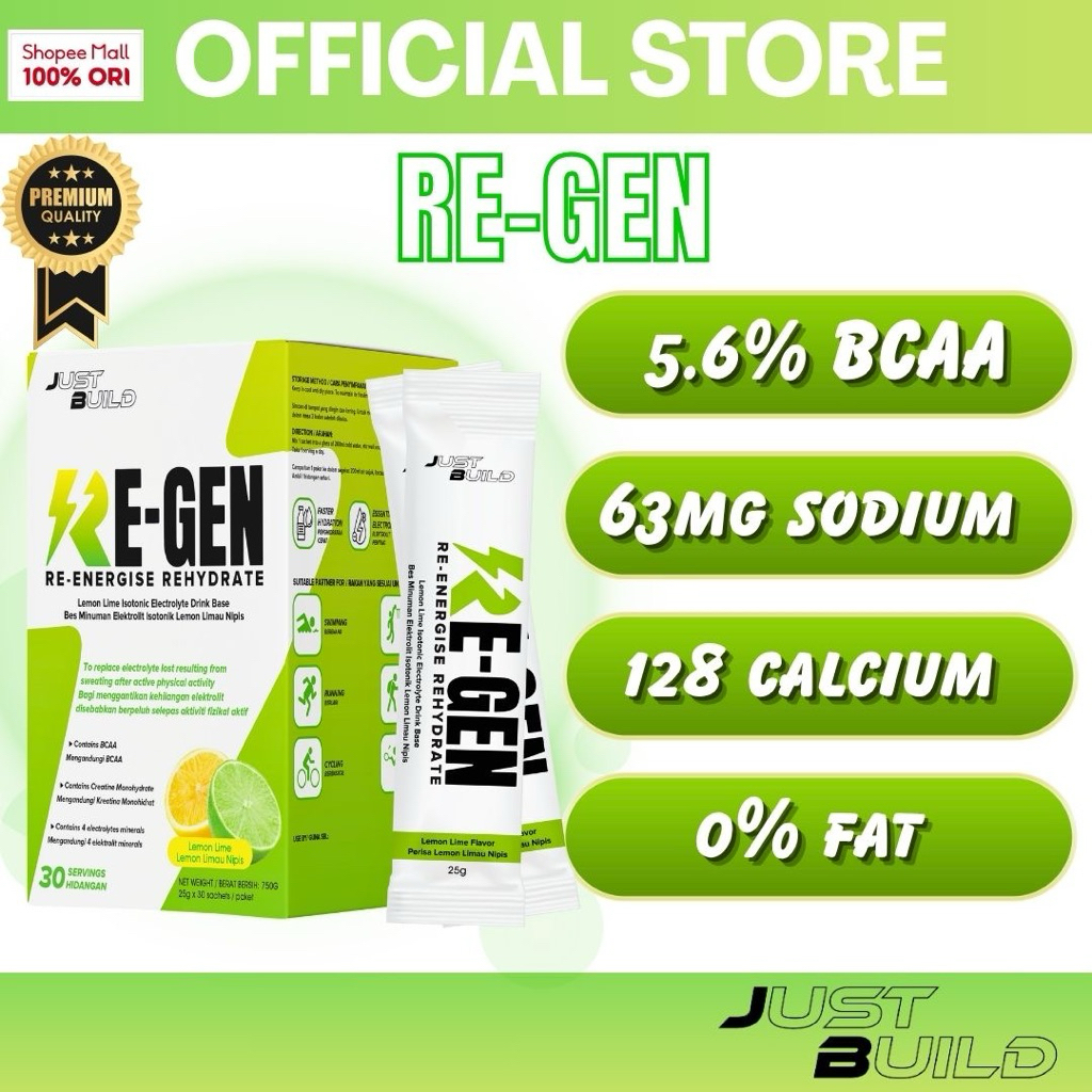 JB Just Build Re-Gen Re-Energise ReHydrate Lemon Lime Electrolyte Drink (30 Sachets x 25g ...