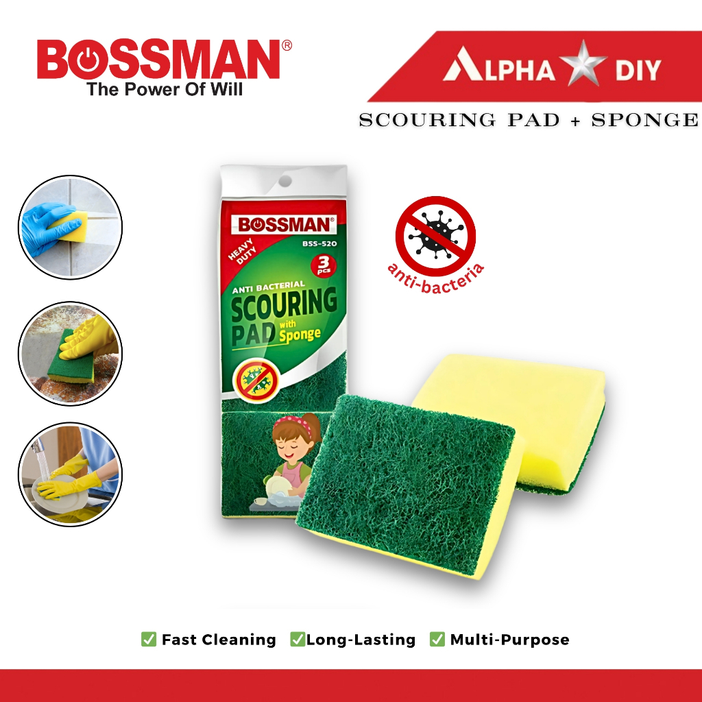 BOSSMAN Tough Clean Scrub Sponge Scrubber Dishwashing Kitchen Heavy ...