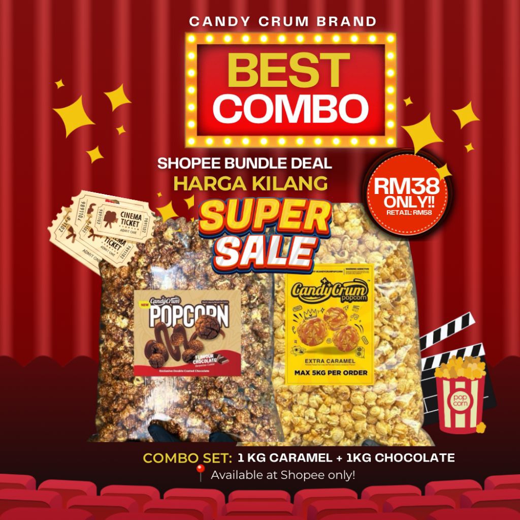 BEST COMBO CANDYCRUM POPCORN - 1KG CARAMEL + 1KG CHOCOLATE | HARGA ...