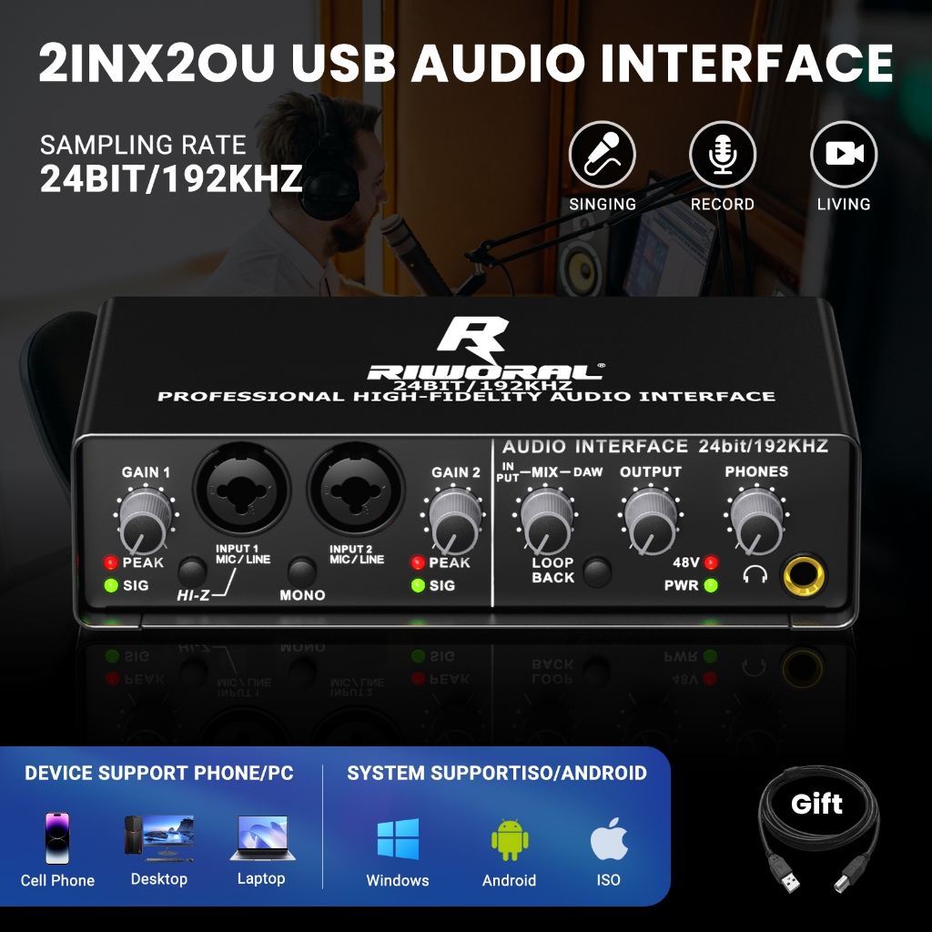 Audio Interface 24Bit/196kHz Used for Pc With XlR / 1/4 Inch Jack 2 ...