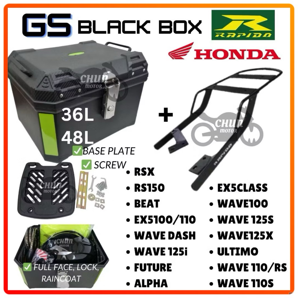 HONDA GS BLACK BOX 36L/48L/57L + MONORACK 1SET MOTORCYCLE Honda RS150 ...