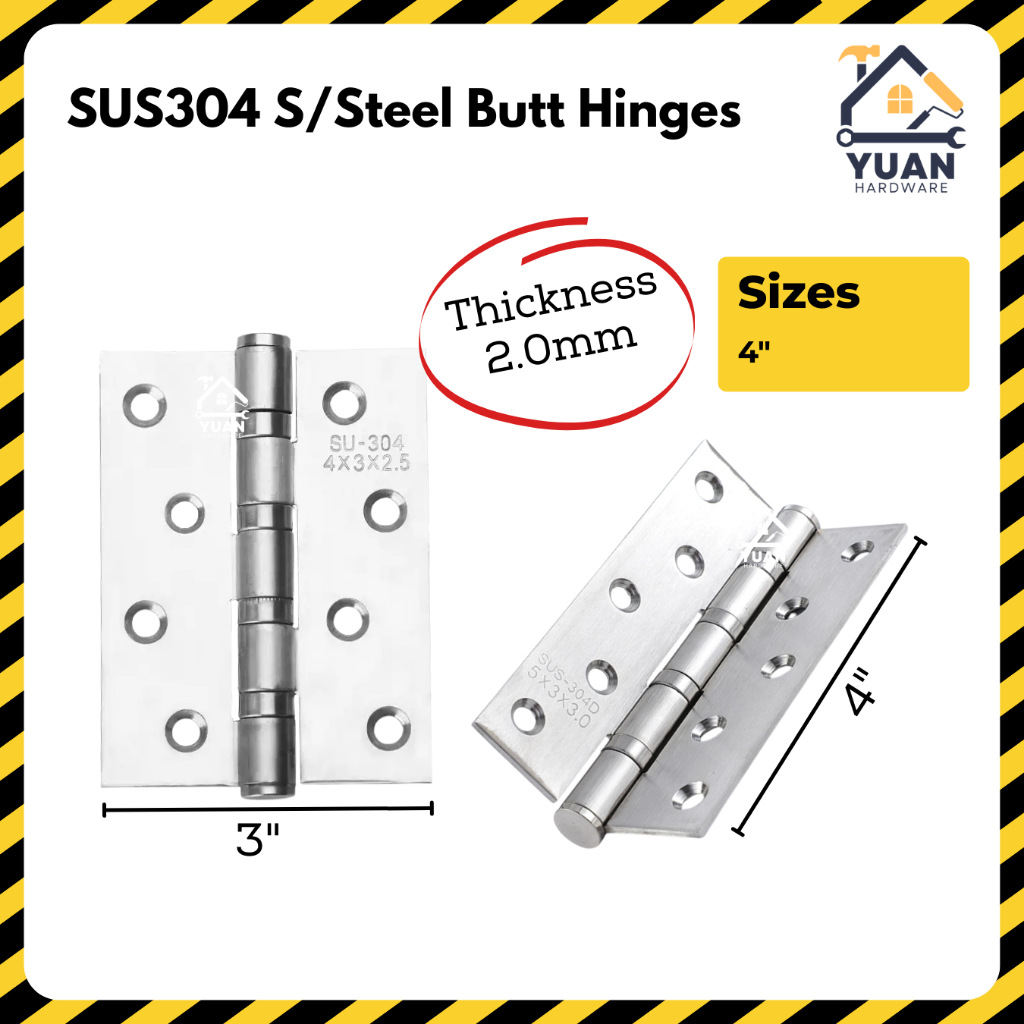 SUS304 Stainless Steel Butt Hinges 4" x 3" x 2.0mm – Heavy Duty Door ...