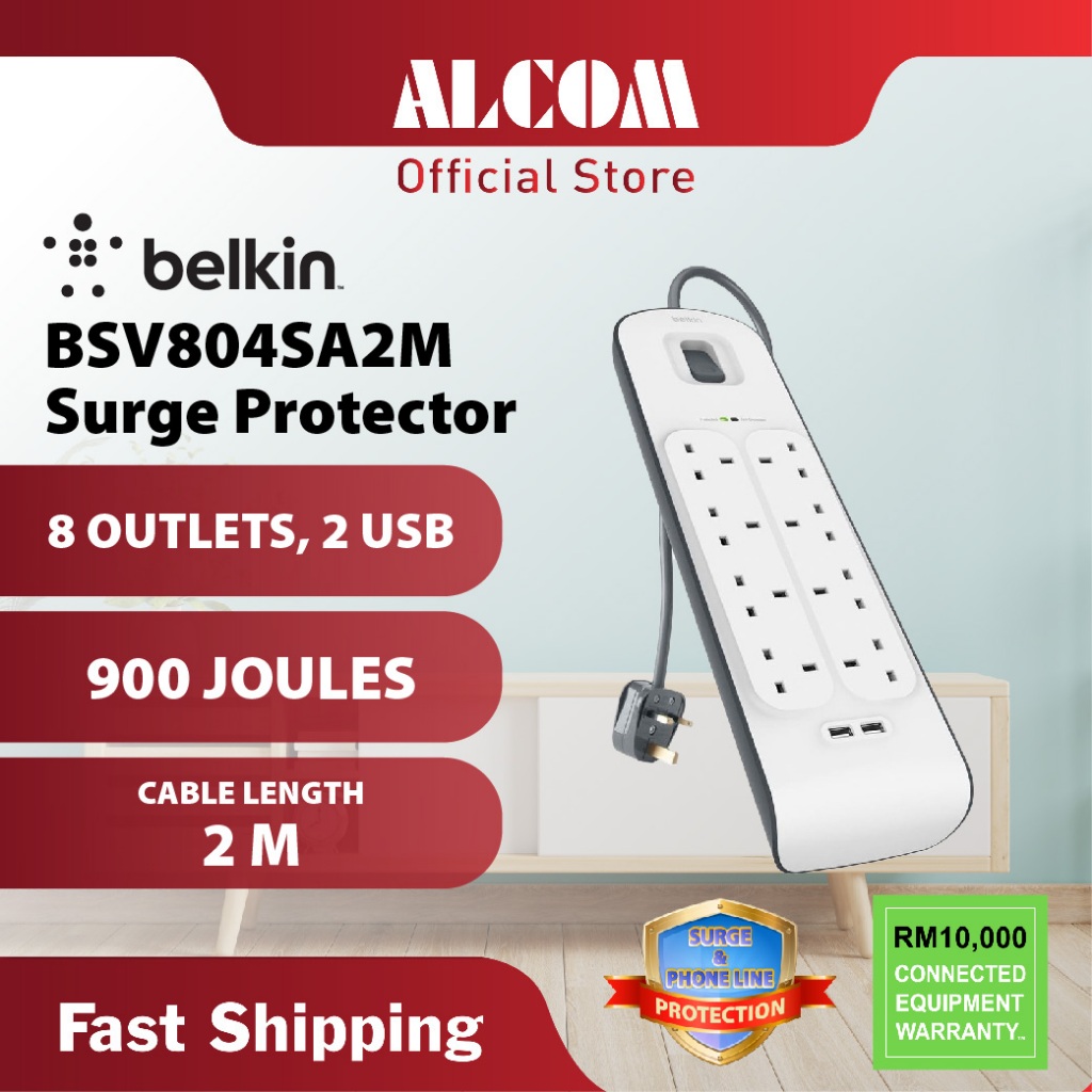 BELKIN 8 Gang 2 USB BSV804SA2M 2M Surge Protector Extension Plug Socket ...