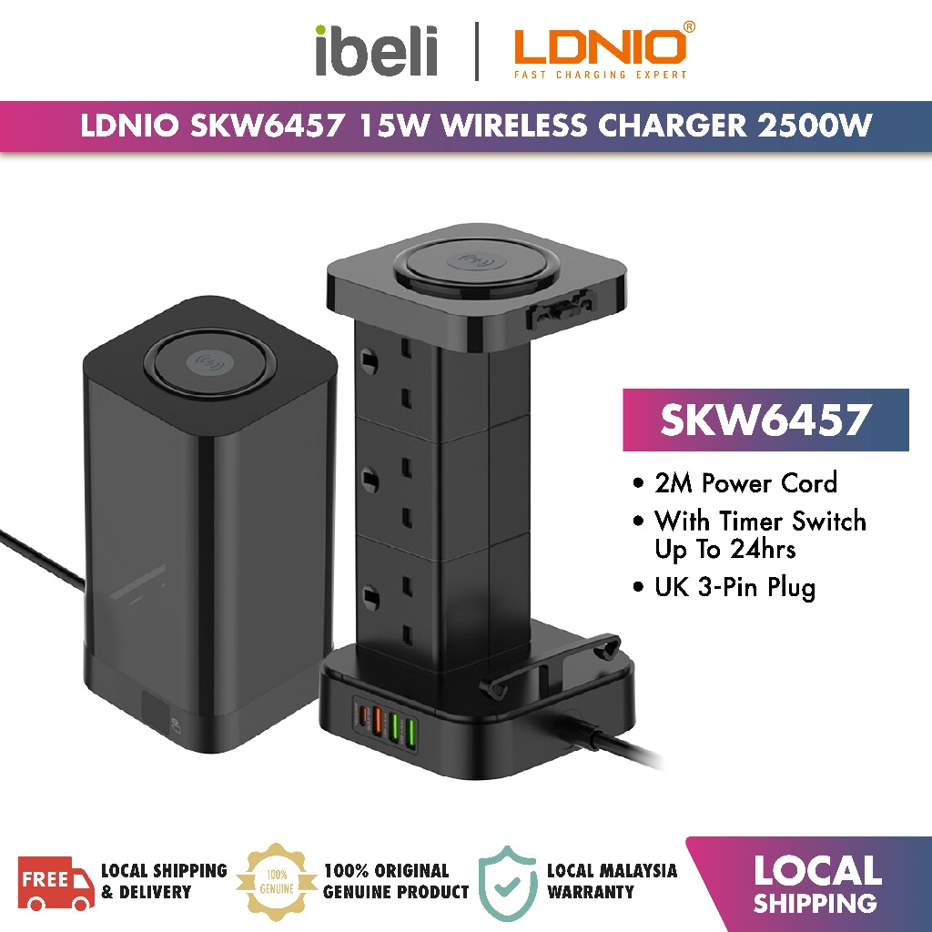 LDNIO SKW6457 15W Wireless Charger 2500W Tower Extension Power Socket ...
