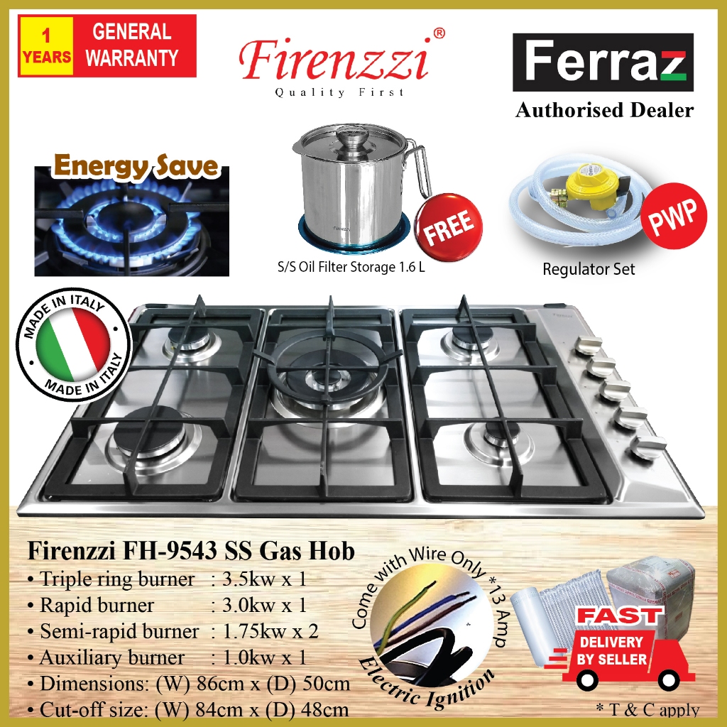 Firenzzi FH-9543 5 Burners S/S Stainless Steel Built In Hob / FH-9543 ...