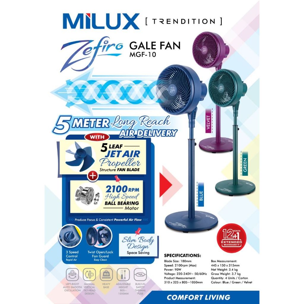 Milux 10" 3 Speed Gale Stand Fan MGF-10 Smooth Oscillation MILUX Fan ...