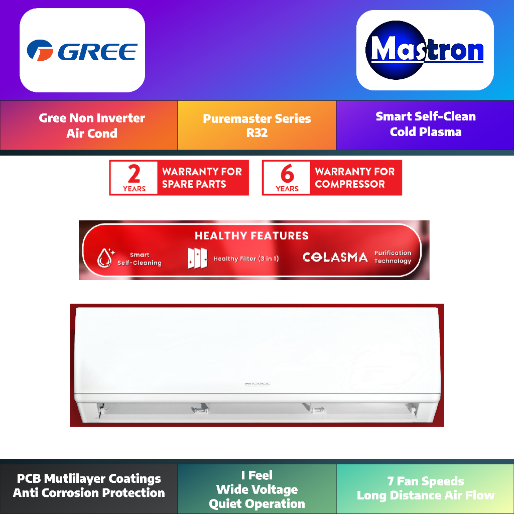 Gree R32 Non Inverter Puremaster Air Conditioner Aircond Gree 1HP 1.5HP ...