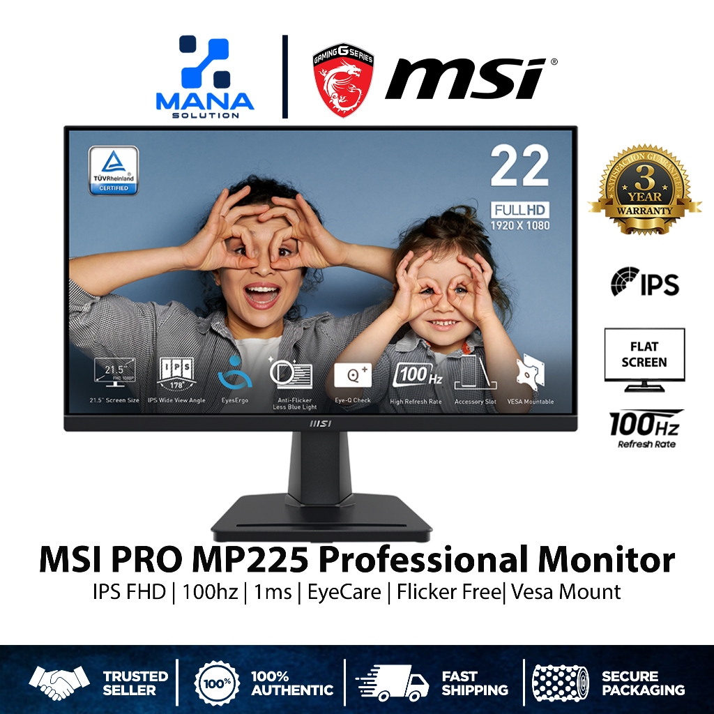 MSI PRO MP225 Professional Monitor 21.5" IPS FHD | 1ms | 100hz | VGA ...