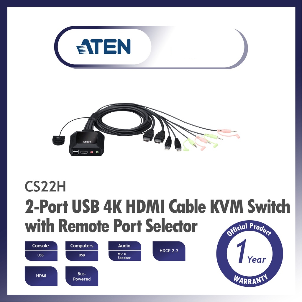 Aten CS22H 2-Port USB 4K HDMI Cable KVM Switch With Remote Port ...