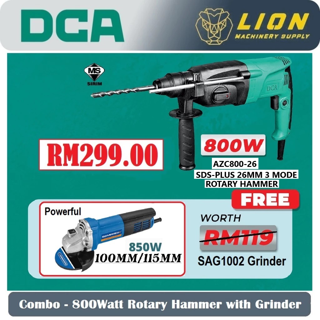 DCA PROMOTION COMBO AZC800-26B 800W Rotary Hammer - Free Power Action 4 ...