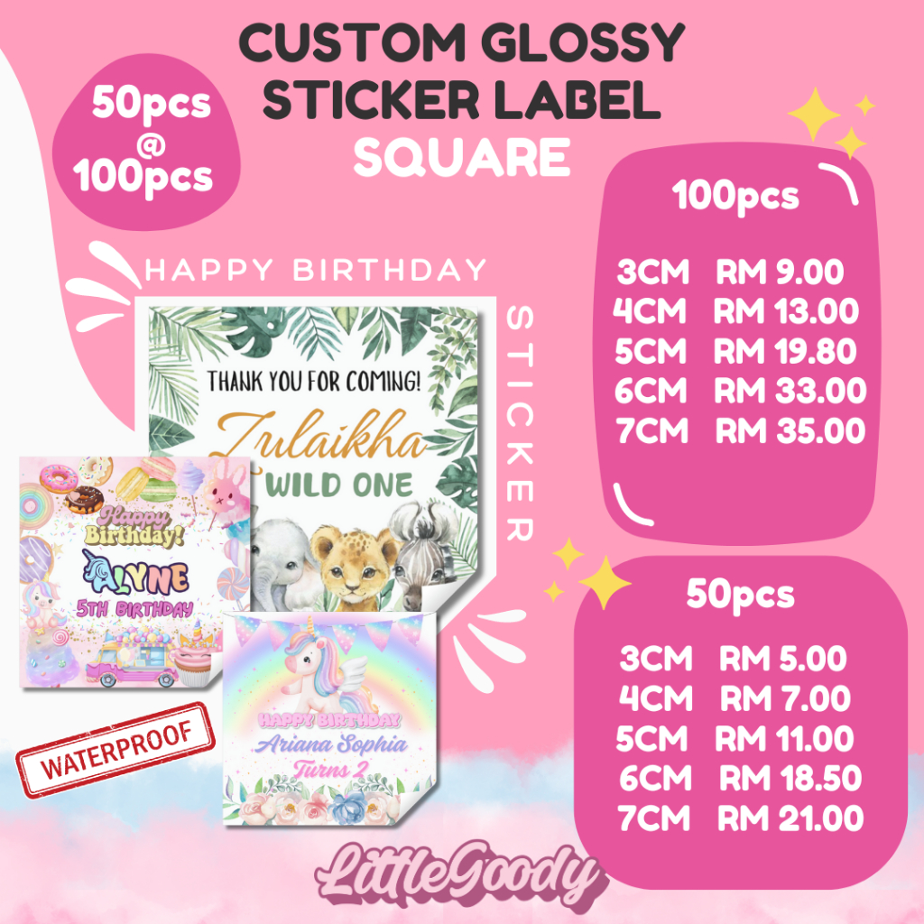 50 PCS - 100 PCS SQUARE Custom Sticker Label | Birthday Sticker | Thank ...