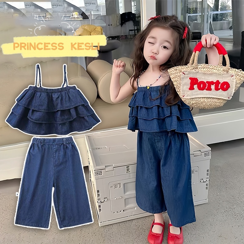 PRINCESS KESLI Girls' Denim Suit Baju Bayi Perempuan Strap Top+Wide Leg ...