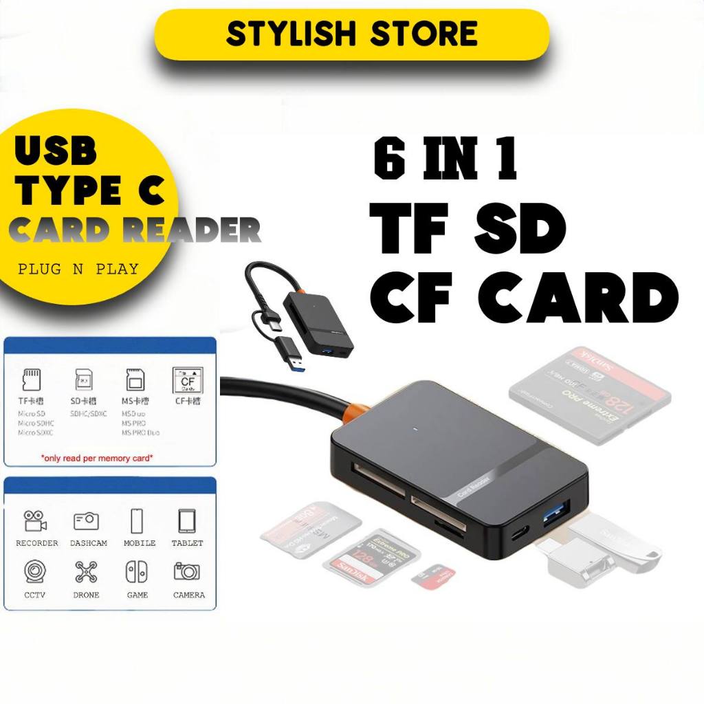 6 IN 1 Camera CF SD TF MS Card Reader USB Type C USB Hub OTG Data ...