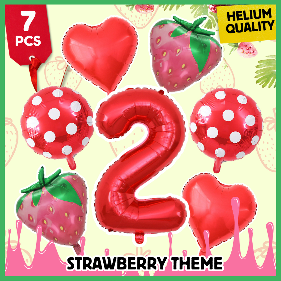 7 pcs - STRAWBERRY Set Number Balloons Helium Red Theme Tema Belon ...