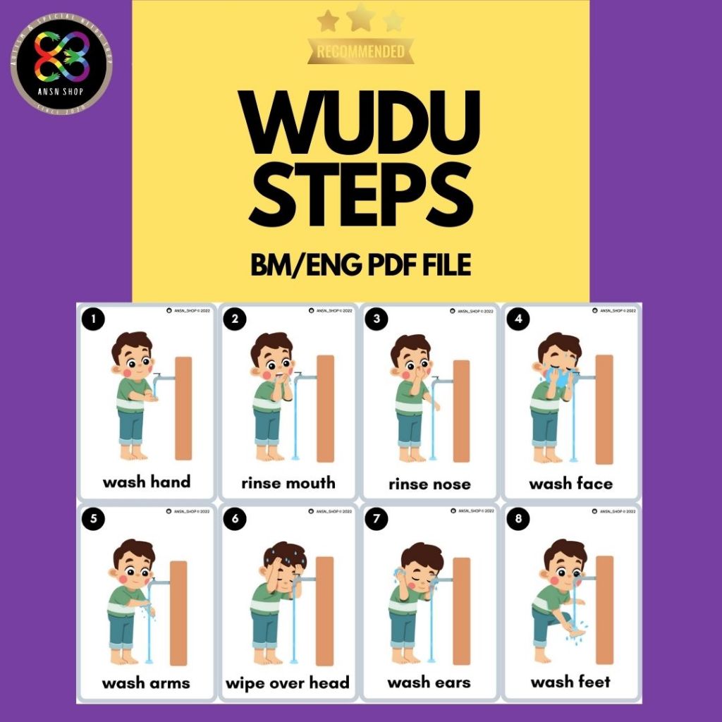 Wudu Steps (PDF) Rukun Wuduk / Visual cue cards / Printable / Visual ...