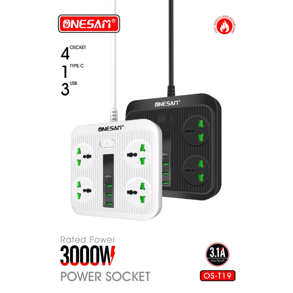 ONESAM OS-T19 3000W Power Strip with 4 Outlets and 3 USB Port s 1 USB C ...