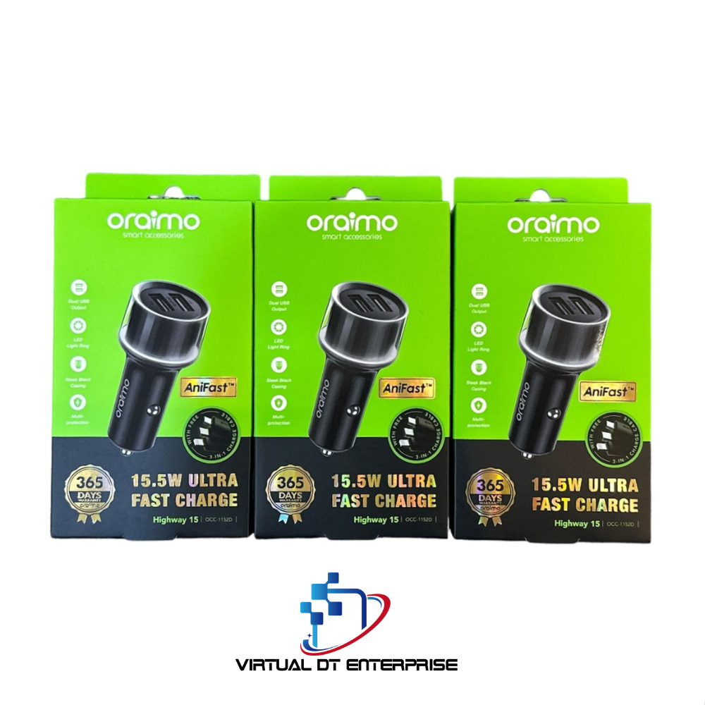 ORAIMO CAR CHARGER OCC-1152D+3IN1 CABLE 📍 DUAL USB OUTPUT 📍 15.5W MAX ...