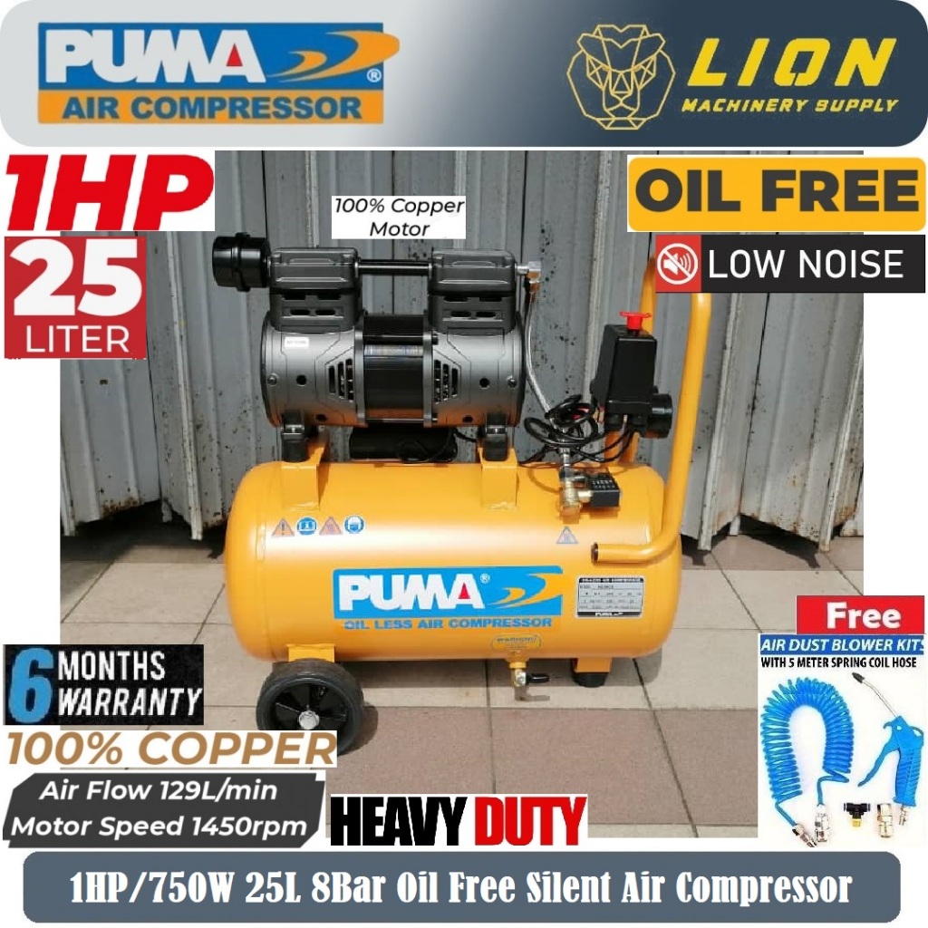 PUMA 1HP 25L Oil Free Silent Air Compressor 8Bar/115psi 750W HUSH25 ...