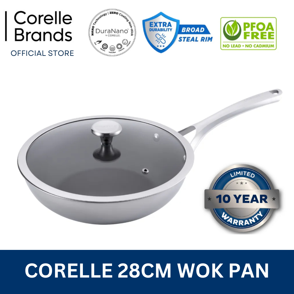 Corelle DuraNano 28cm Uncoated Non-Stick Stainless Steel Wok Lid Pan ...