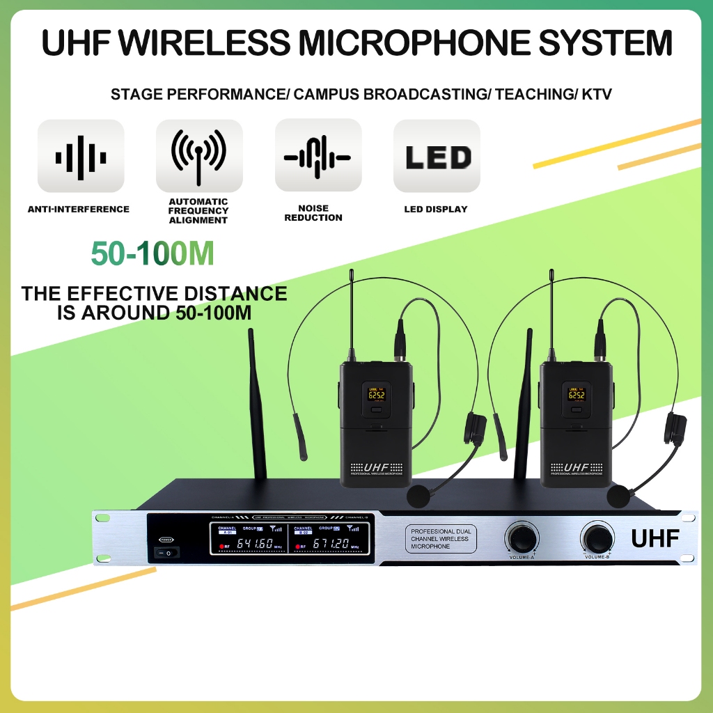 UHF 2 Channel Wireless Headset Microphone System For Speech Karaoke Party Stage Performance ...