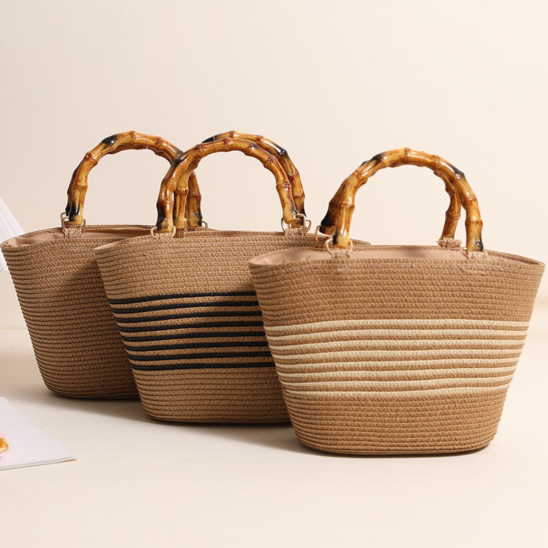 Beg Tote Rattan Jerami Berjalur Gaya Musim Panas Pemegang Buluh Unik ...