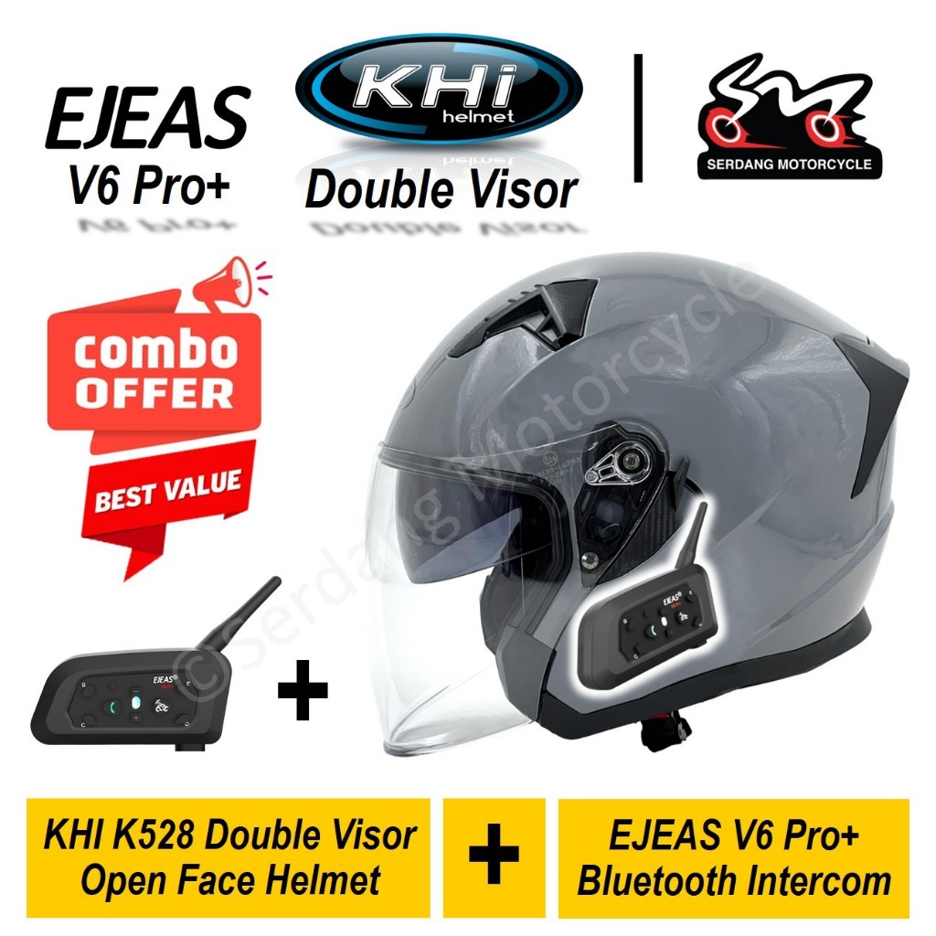 COMBO KHI K528 With Ejeas V6 PRO+ Helmet Siap Bluetooth Intercom Topi Keledar Motorcycle Set ...