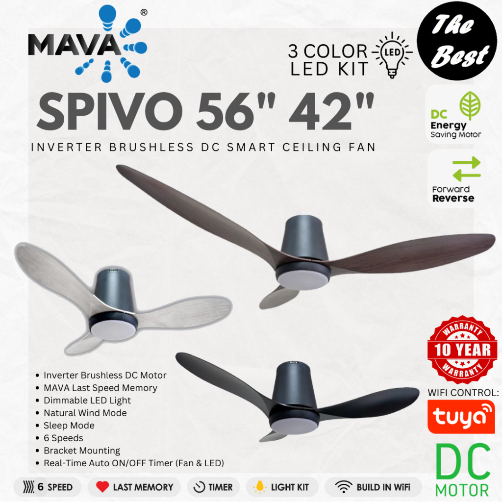 Mava Spivo 56 42 Inch Smart Ceiling Fan DC Motor 6 Speed Reverse Forward Wifi Smart Control ...