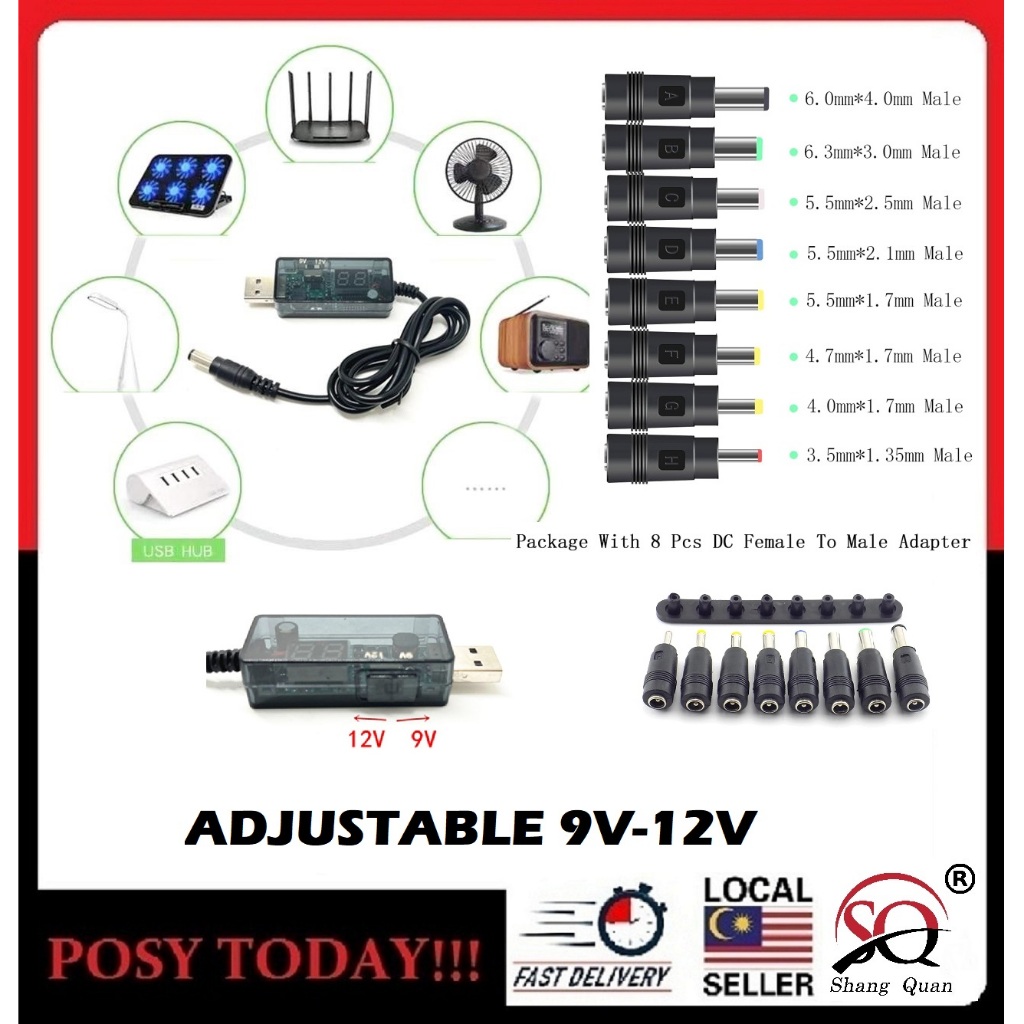 ♕LOCAL STOCK♕ USB 5V to DC9V 12V Power Boost Line Adapter USB to 8PCS DC-Adapter Connector Led ...