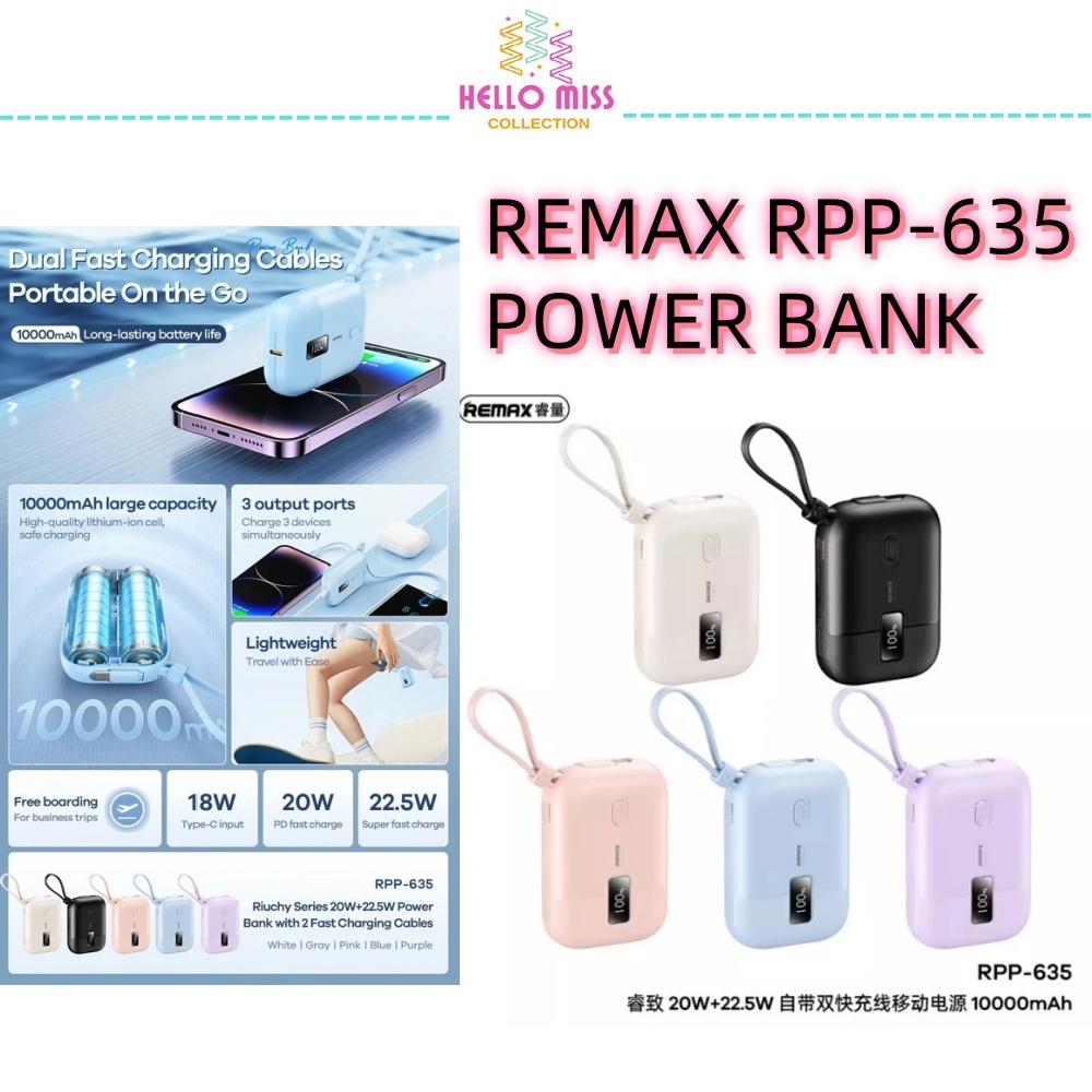 REMAX RPP-635 RIUCHY SERIES 10000mAh PD20W + QC22.5W POWER BANK WITH BUILD IN CABLE POWERBANK ...