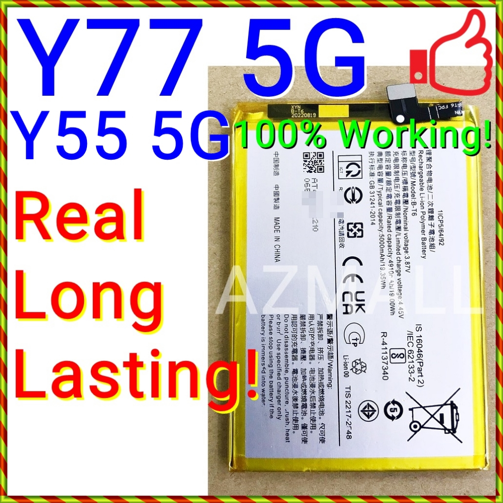 (18W Fast Charge) NEW ORI Long Lasting Stable Battery B-T6 BT6 for Vivo ...