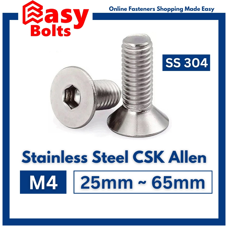 SS CSK Allen Cap Screw M4 x 25mm ~ 65mm (Coarse Thread Pitch 0.7mm ...