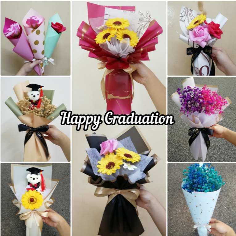 MQ Graduation Sunflower Bouquet/ Convo Bear Baby Breath/ Rose Chamomile ...