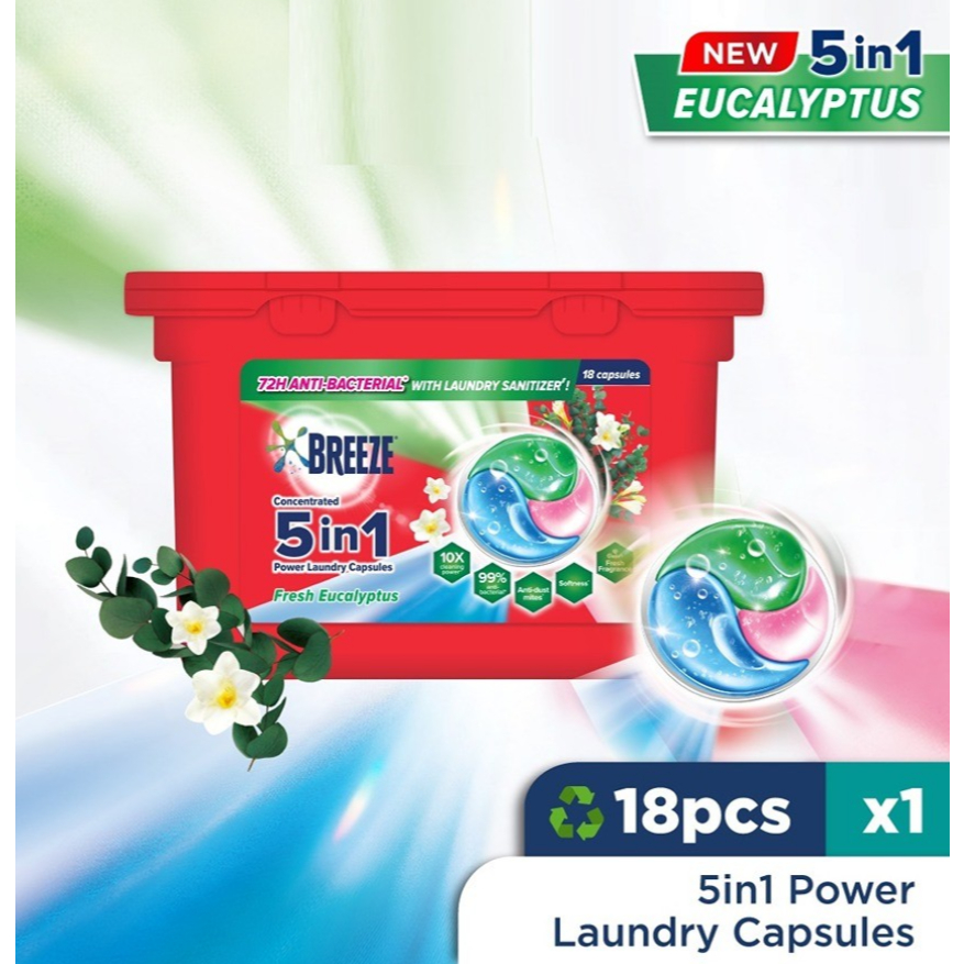 BREEZE Fresh Eucalyptus 5 In 1 Power Laundry Capsules 18s | Shopee Malaysia