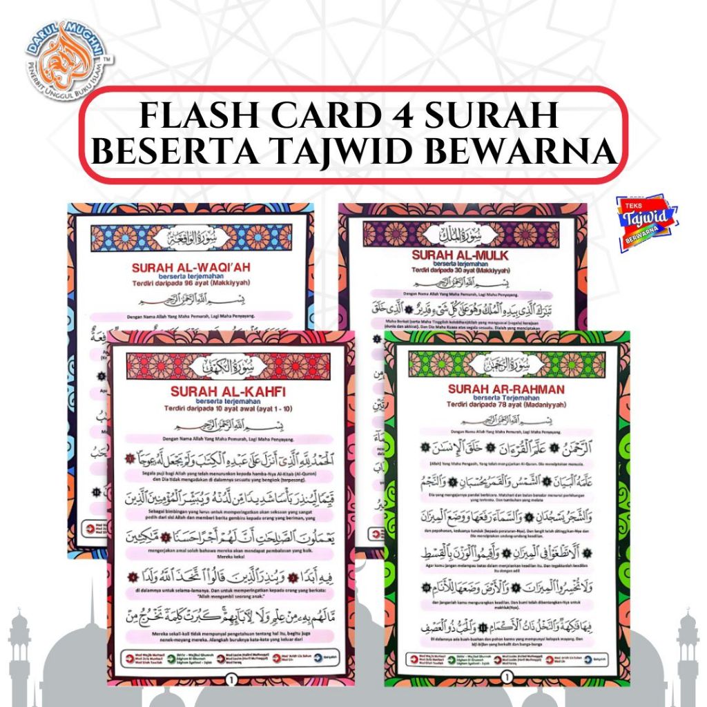 FLASH CARD SURAH 4 SURAH BERSERTA TERJEMAHAN - A4 -Al-Kahfi -Al-Mulk ...