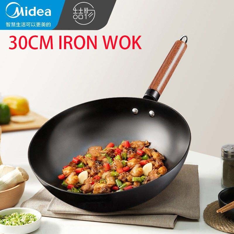 midea cast iron wok pan non-coated traditional non stick wok kuali besi ...