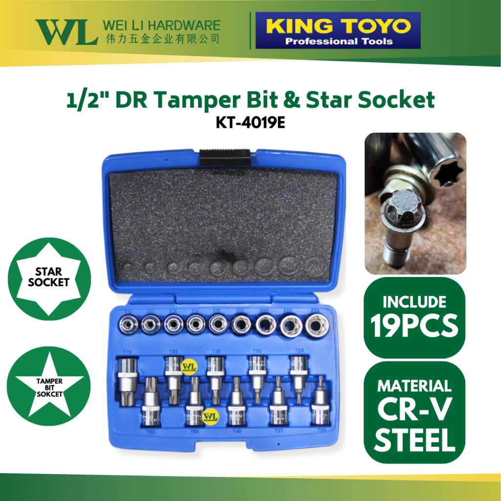 KING TOYO 19Pcs 1/2" Dr Tamper Bit Socket & Star Socket Set Heavy Duty ...
