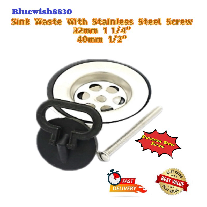 Bluewish8830 SINK WASTE WITH STAINLESS STEEL SCREW 1 1/2”(40mm)/ 1 1/4 ...
