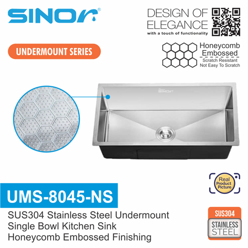 Sinor UMS-8045-NS SUS304 Stainless Steel Honeycomb Single Bowl Kitchen ...