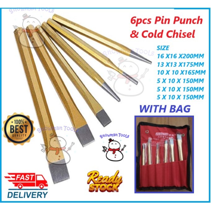 6pcs Crv Center Pin Punch Taper punch Cylinder Flat Cold Chisel Set For ...