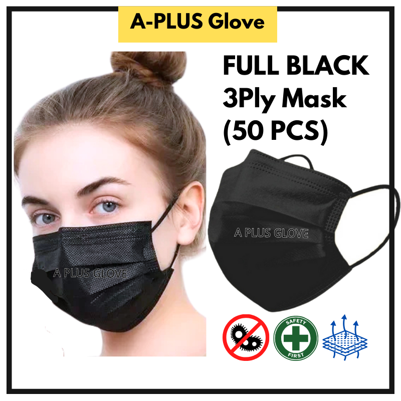 50pcs FULL BLACK 3PLY Face Mask Adult Hijab Disposable Earloop Mask ...