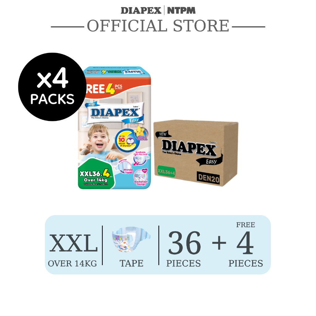 Diapex Easy Mega Pack XXL (36's + 4's) x 4 Packet [FREE REUSABLE BAG X ...