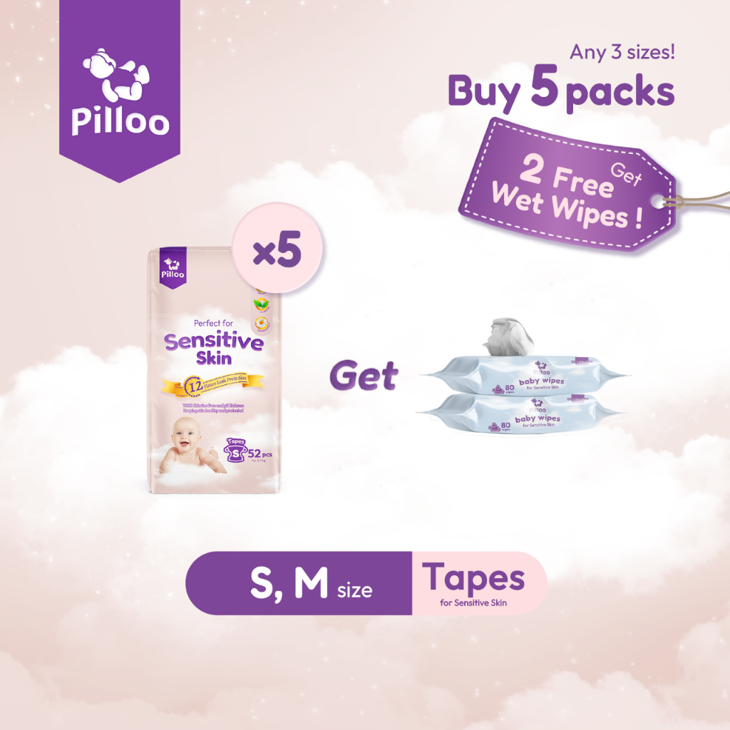 [5 PACKS TAPE] Pilloo BUNDLE Diapers for Sensitive Skin LAMPIN ...